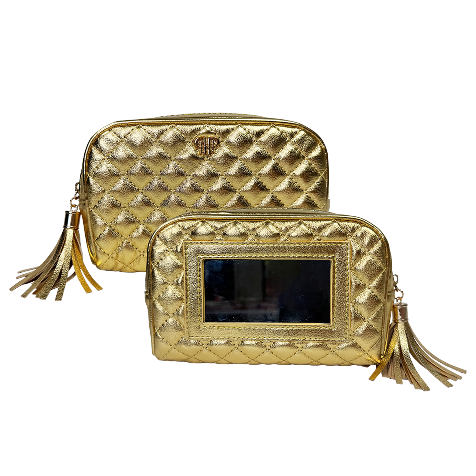 Small Makeup Bag With Mirror - Gold Quilted Vegan Leather – PurseN