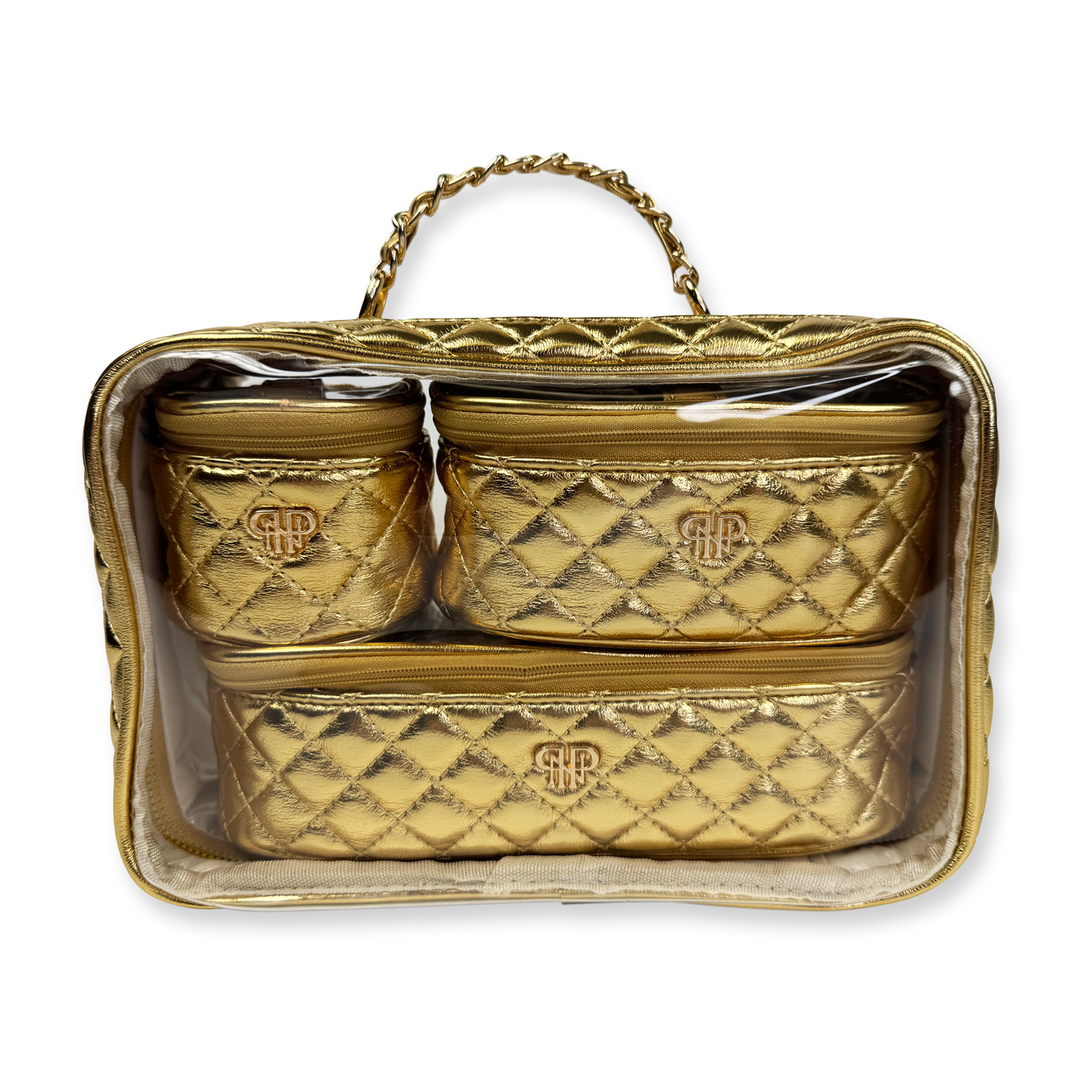 Trio Jet Setter - 4 in 1 Makeup & Toiletry Case - Metallic Gold Quilted ...