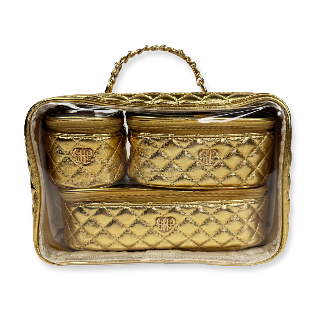 Trio Jet Setter - 4 in 1 Makeup & Toiletry Case - Metallic Gold Quilted ...
